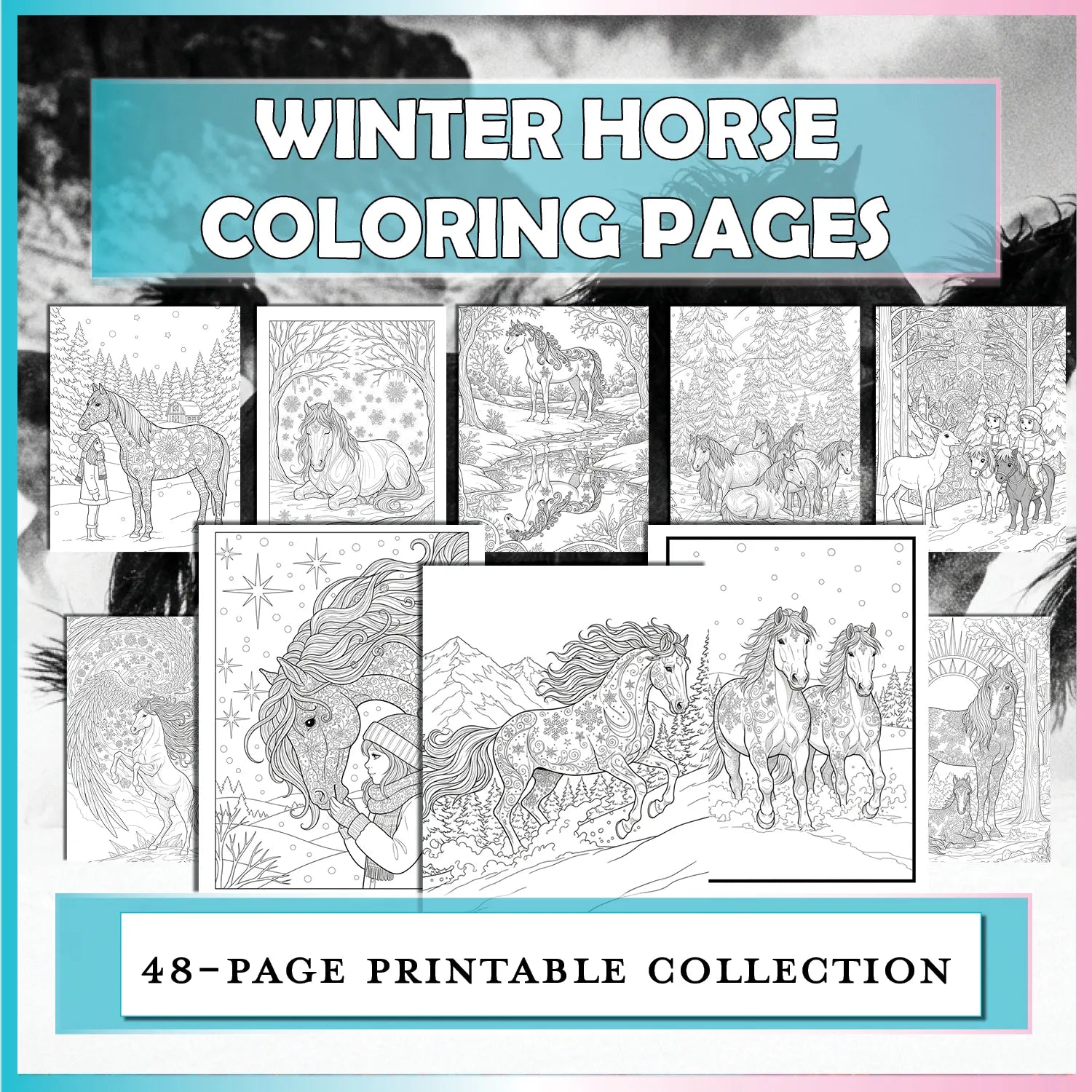 Winter Horses Coloring Pages – Digital Bundle
